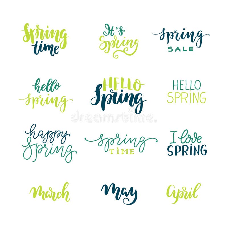 Vector Hello Spring Lettering Typography Set. Hand Written Style Stock ...