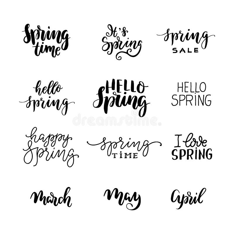 Vector Hello Spring Lettering Typography Set. Hand Written Style Stock ...