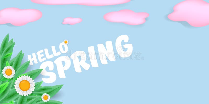 Vector Hello Spring Pink Horizontal Banner with Text and Flowers on ...