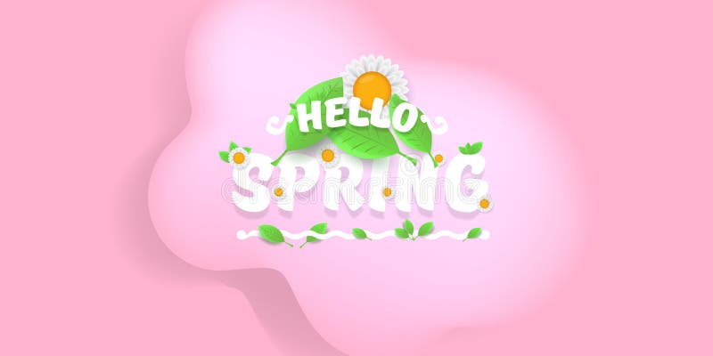 Vector Hello Spring Pink Horizontal Banner with Text and Flowers on ...
