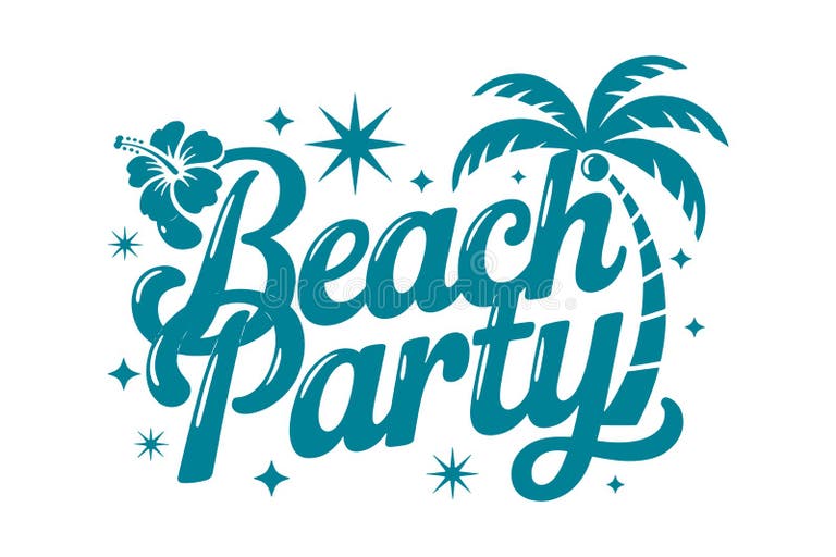Teal Beach Party Script Text with Hibiscus Flower and Palm Tree ...