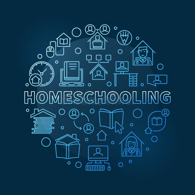 Vector Homeschooling Concept Round Blue Linear Illustration Stock ...