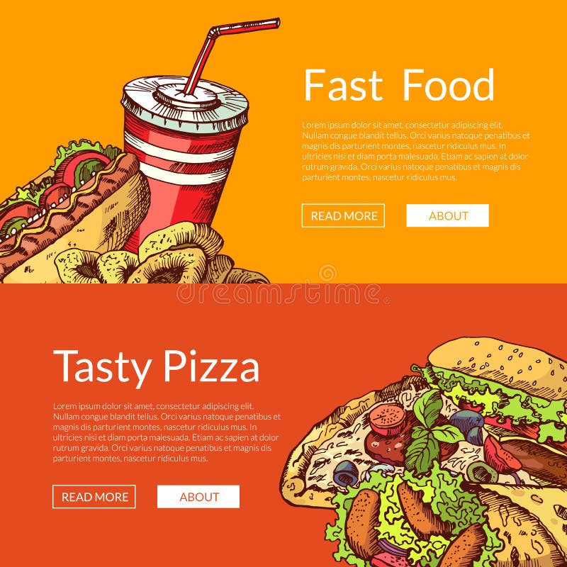 Vector Horizontal Banners with Hand Drawn Fast Food Stock Vector ...