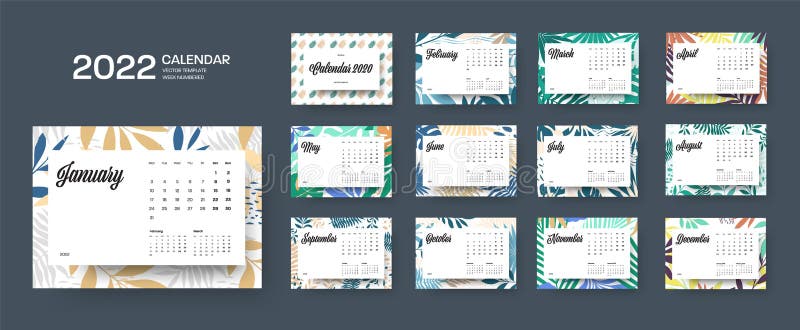 Vector Horizontal Calendar 2022 Template, Colorful Tropical Pattern ...