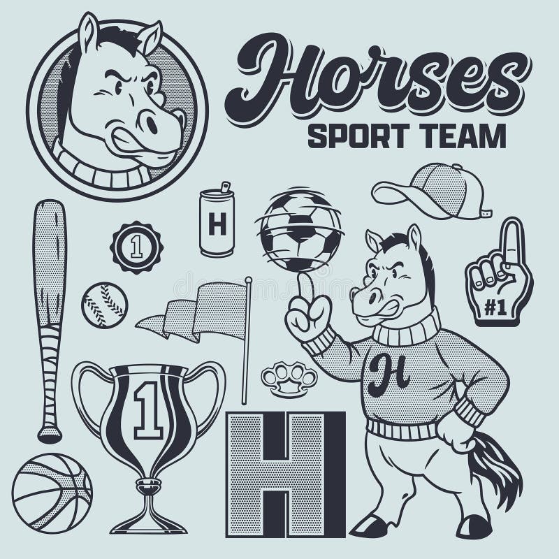 Horse Mascot Vintage Hand Drawn Object Set Stock Illustration ...