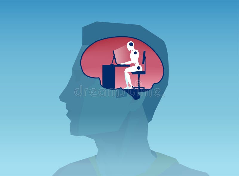 Vector of a Human Head Silhouette with Robot Working on Computer Inside ...