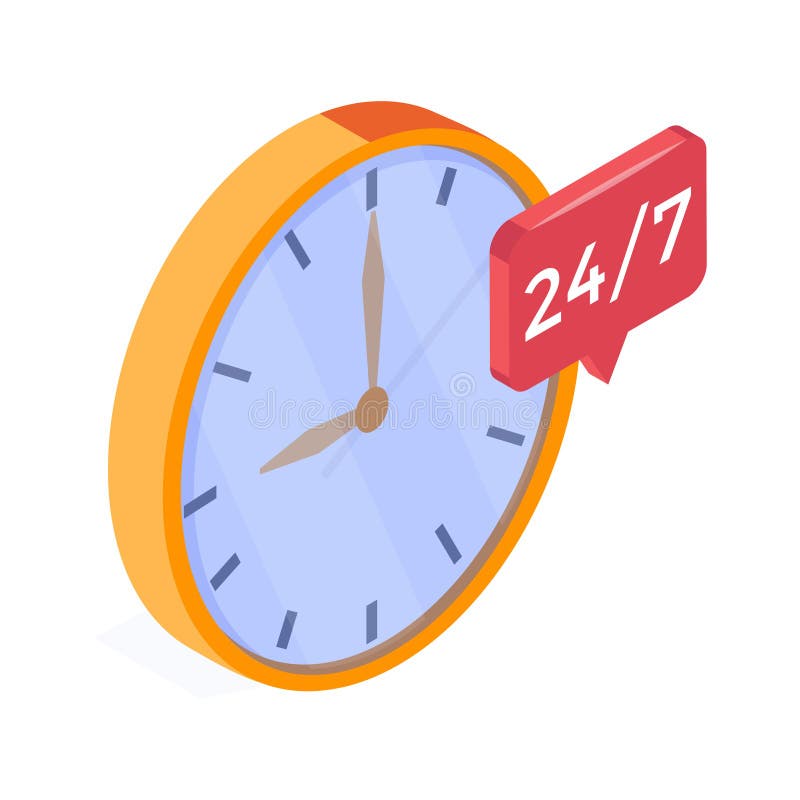 Vector Icon of a Clock with a 24/7 Notification Bubble. Stock ...