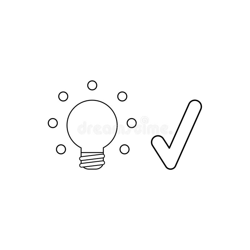 Vector Icon Concept of Glowing Light Bulb with Check Mark. Black ...