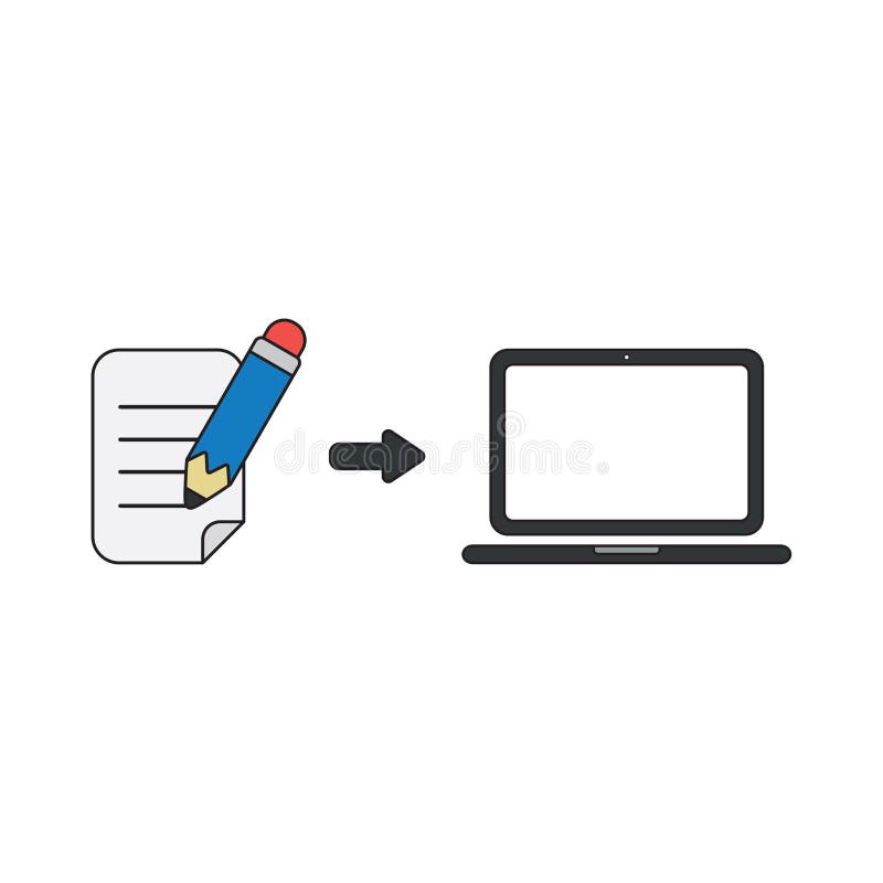 Vector Icon Concept of Pencil Writing on Paper with Laptop Stock Vector ...