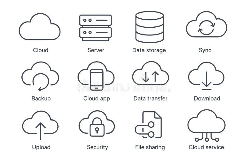 A Vector Icon Set for Cloud Computing, Featuring a Server, Data Storage, Sync, Backup, Cloud App ...