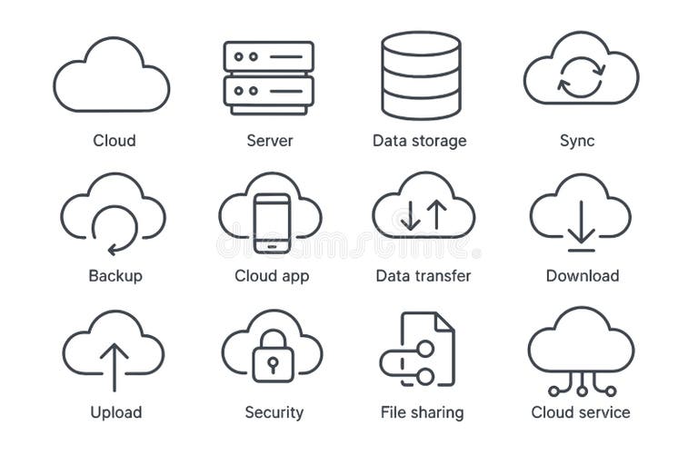 A Vector Icon Set for Cloud Computing, Featuring a Server, Data Storage ...