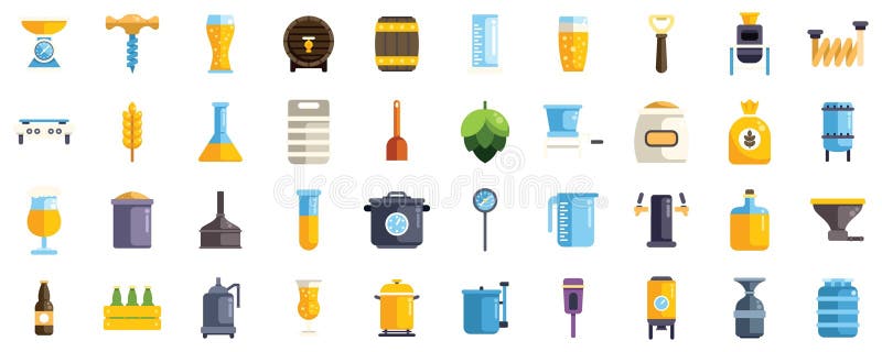 Craft Beer Brewing Process and Equipment Icon Set Featuring Kegs, Hops ...