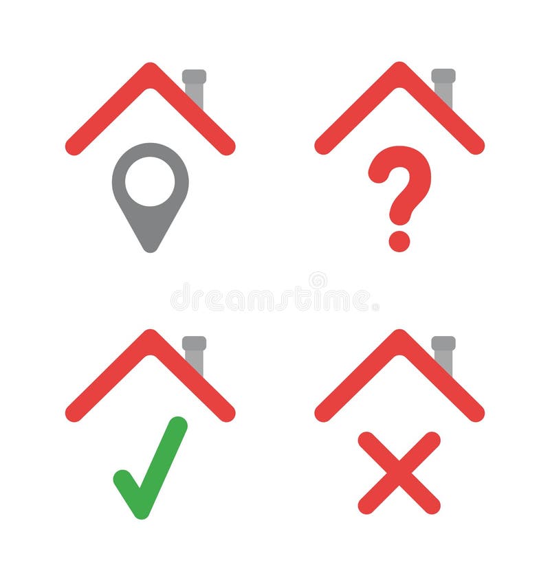 Vector Icon Set of Houses with Map Pointer, Question Mark, Check Mark ...