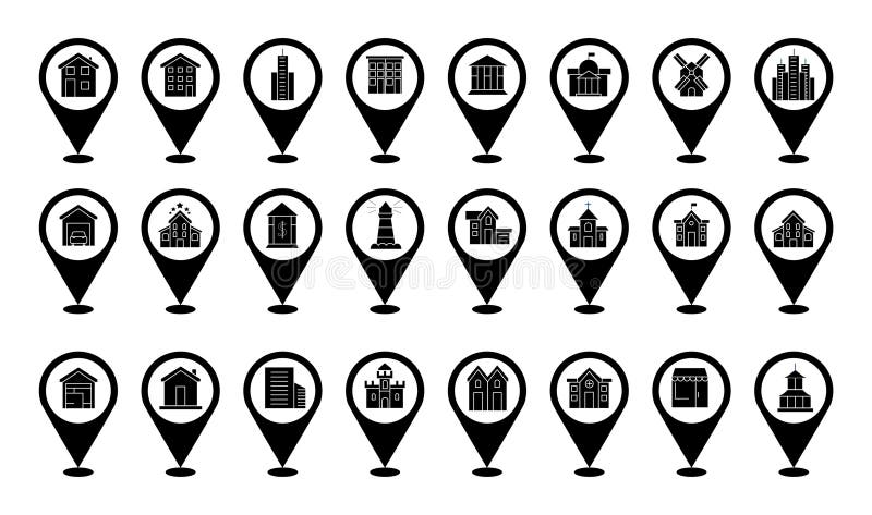 Vector Icons of Buildings with Marker for Maps Stock Vector ...