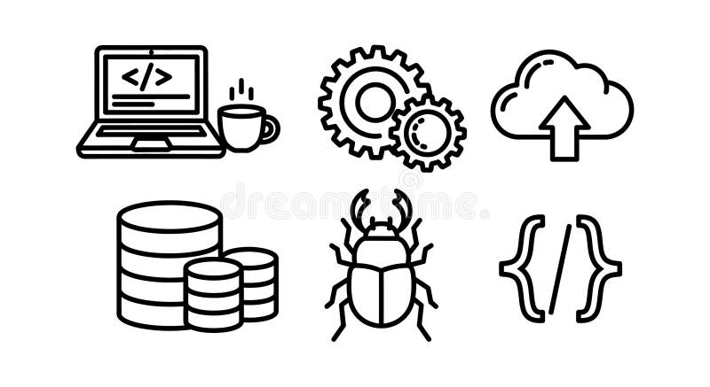 Software Development Icons with Laptop Coding Cup Gears Cloud Upload ...