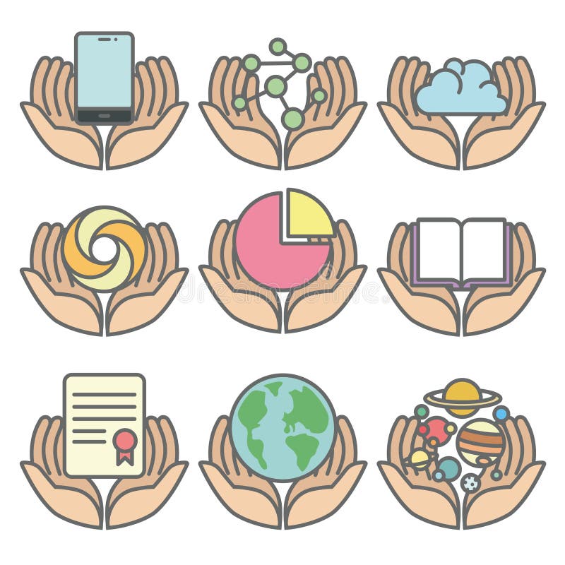 Vector Icons with Hands Holding Symbols of Technology, Science, and ...