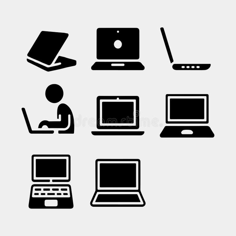 Vector Icons of Open and Closed Laptops and a User Working Stock ...