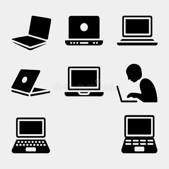 Vector Icons of Open and Closed Laptops and a User Working Stock ...
