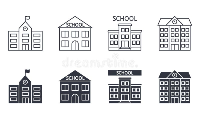 Vector Icons School Building. Editable Stroke Thin Line and Black Solid Set Stock Vector ...