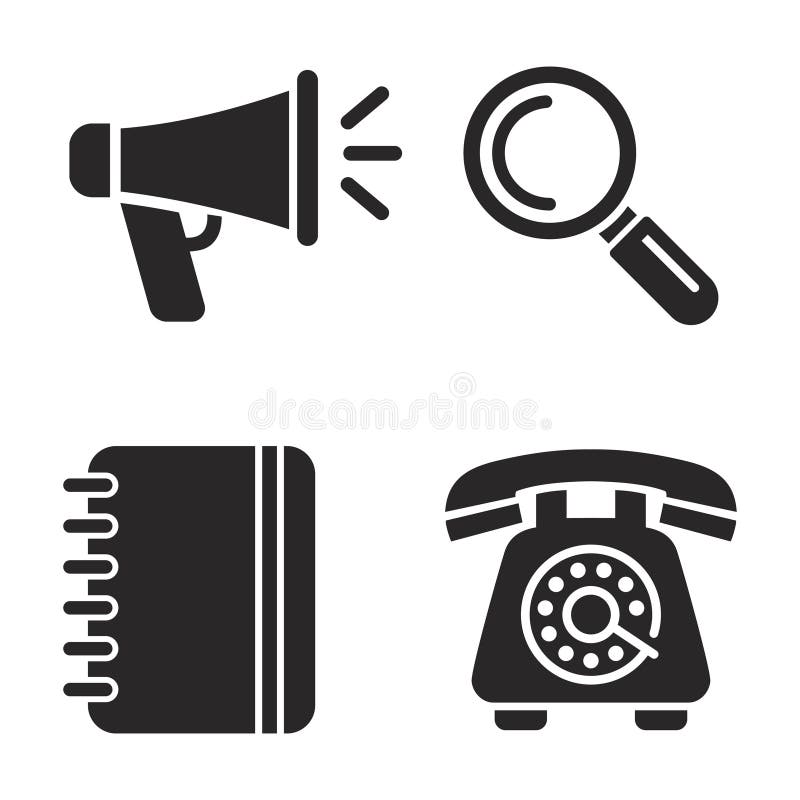 Vector Icons Set of Megaphone, Magnifying Glass, Notebook, and Retro ...