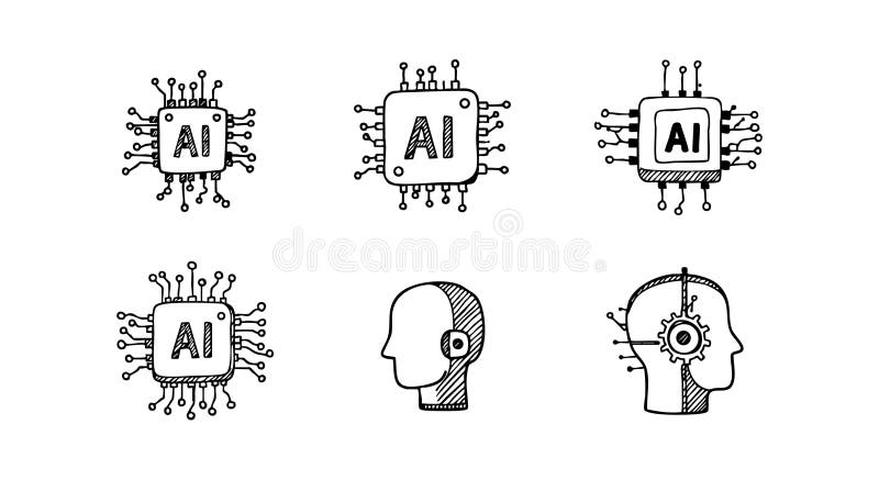 Artificial Intelligence Chip and Human Head Vector Icons in Black and White Sketch Style Stock ...