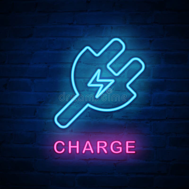 Neon Charge Signs Vector Isolated On Brick Wall. Charge, Battery ...