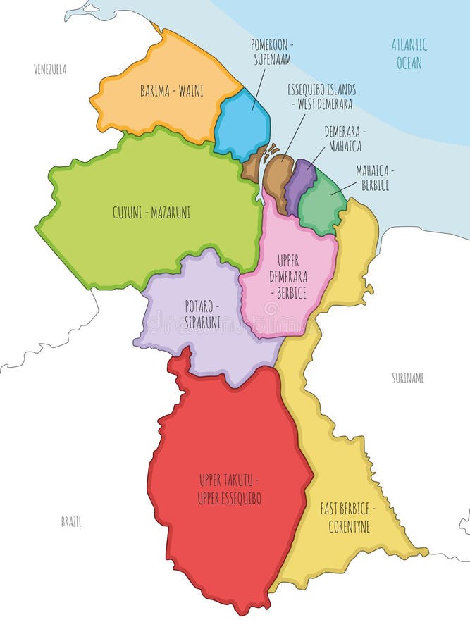 Vector Illustrated Map of Guyana with Regions and Administrative ... Vector Illustrated Map of Guyana with Regions and Administrative ...