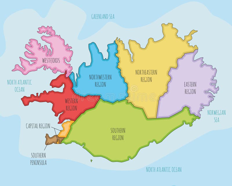 Vector Illustrated Map of Iceland with Regions and Administrative ...