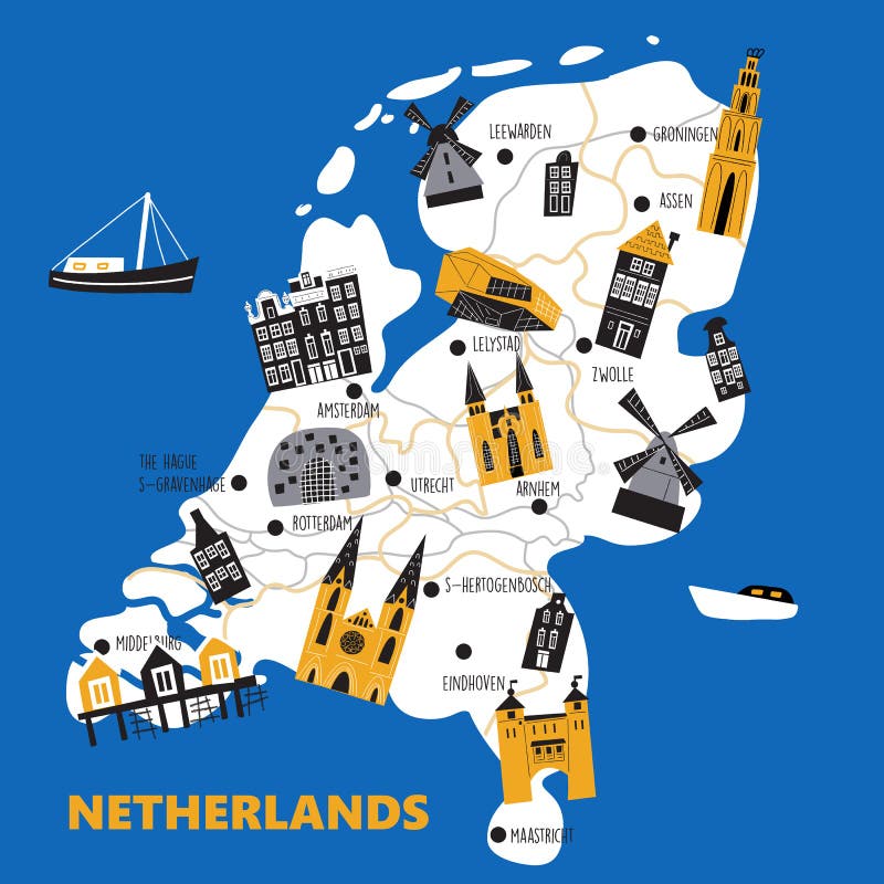 Vector Illustrated Map of Netherlands with Main Attractions Stock ...