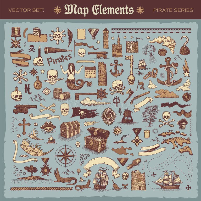 Map Elements and Pirate Items Stock Vector - Illustration of chest ...