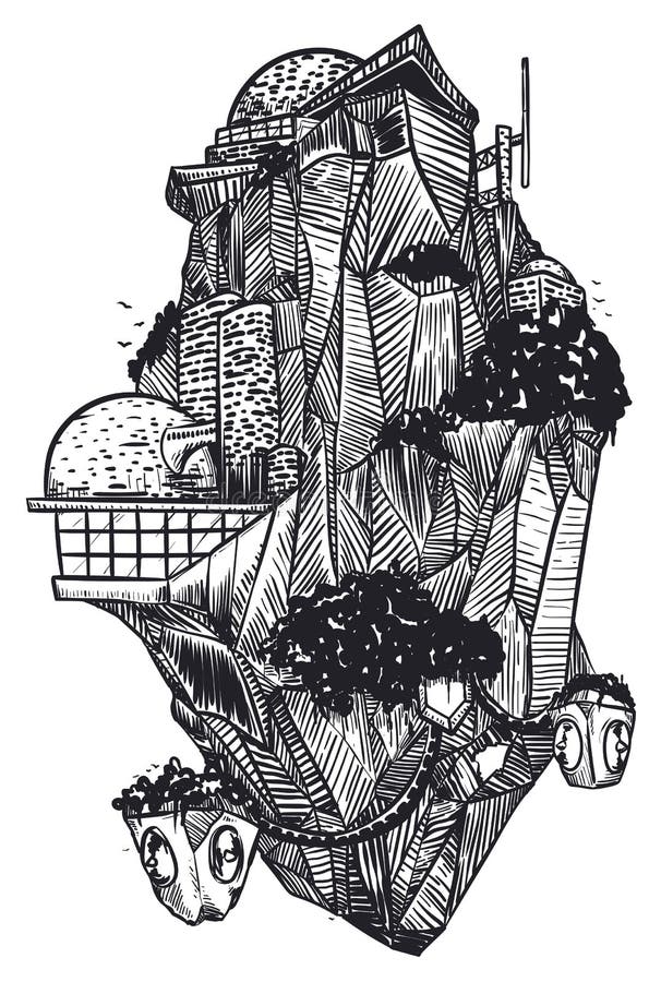 Floating Rock with Buildings and Vegetation, Vector Illustration Stock ...