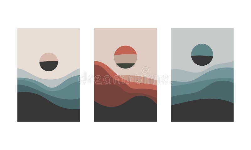 Vector Illustration. Abstract Landscape Art with Soft Wavy Lines and Symbolic Sun in Eclipse ...