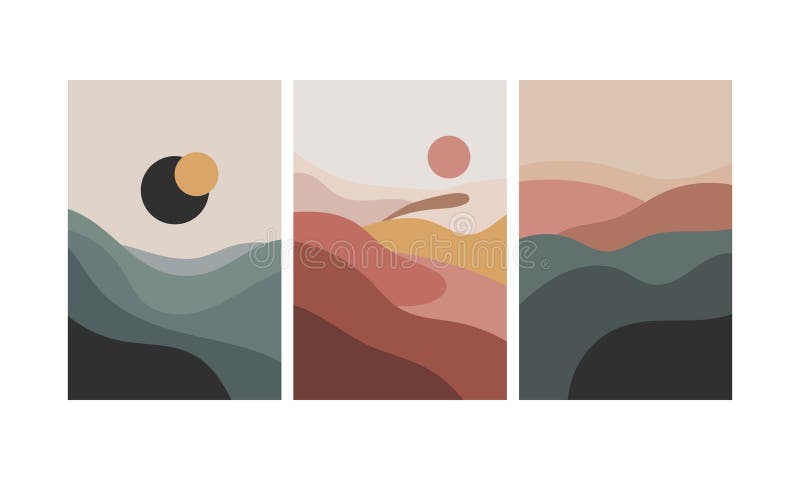 Vector Illustration. Abstract Landscape Art with Soft Wavy Lines and Symbolic Sun in Eclipse ...