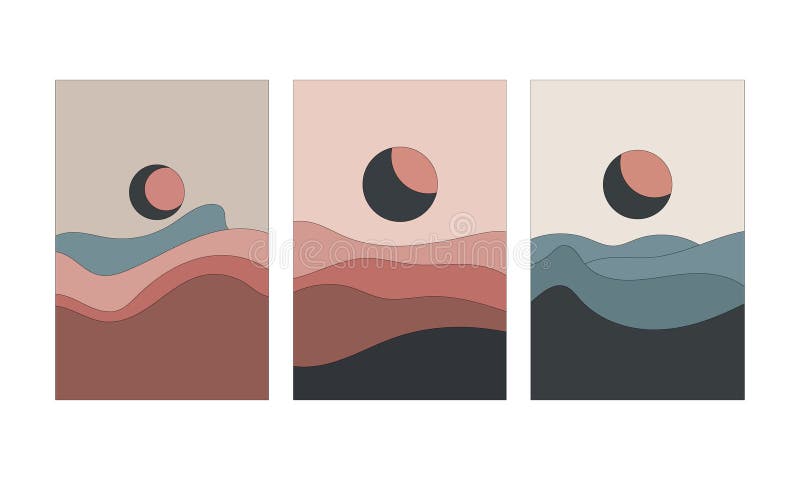 Vector Illustration. Abstract Landscape Art with Soft Wavy Lines and Symbolic Sun in Eclipse ...