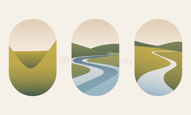 Vector Illustration. Abstract Landscape with Green Hills and a River ...