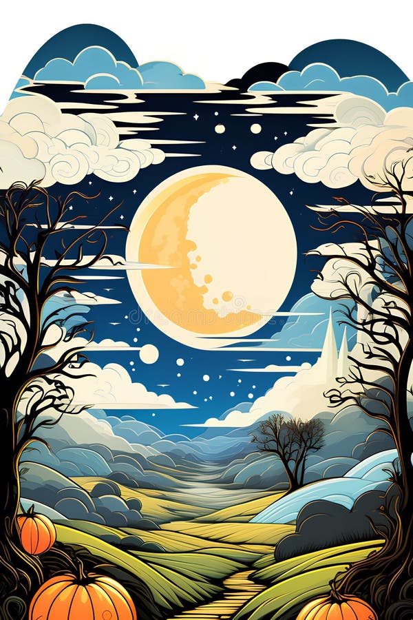 Vector Illustration of Abstract Landscape with Tree, Clouds, Moon and ...