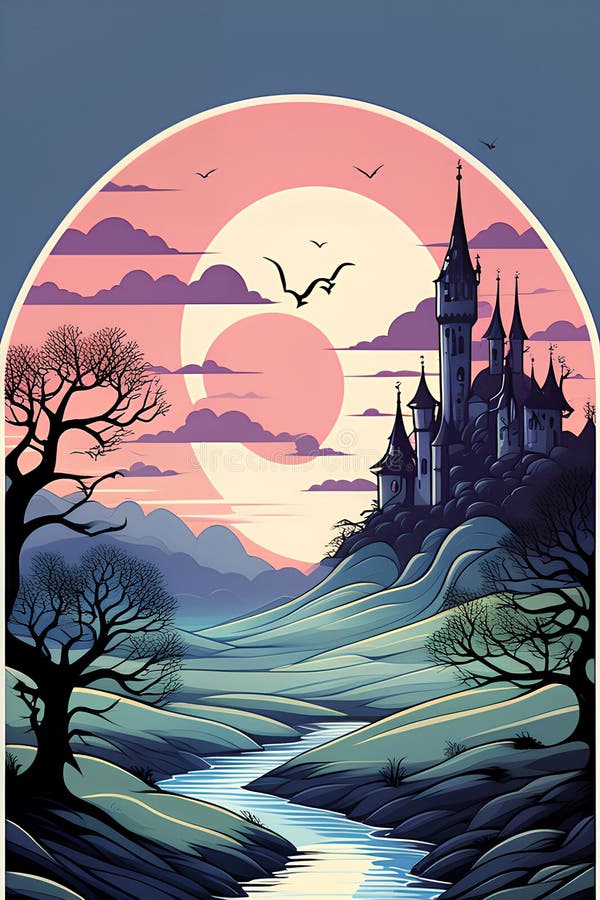 Vector Illustration of Abstract Landscape with Tree, Clouds, Moon and ...