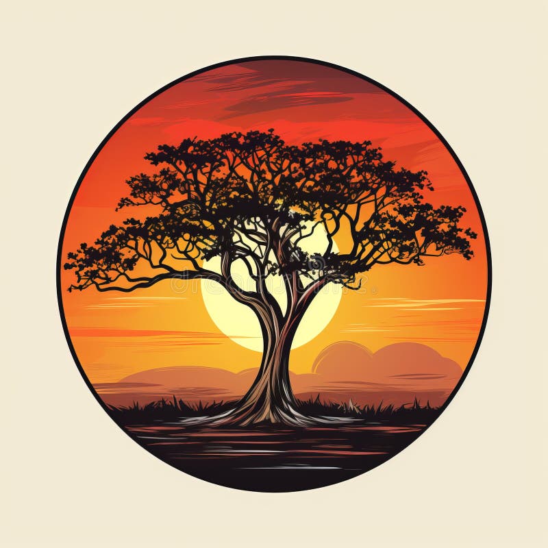 Vector Illustration of African Tree at Sunset Stock Illustration ...