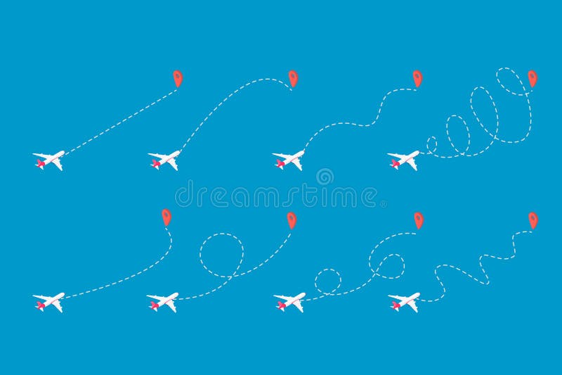 Dotted Airplane Trajectories Cartoon Illustration Set Stock Vector ...