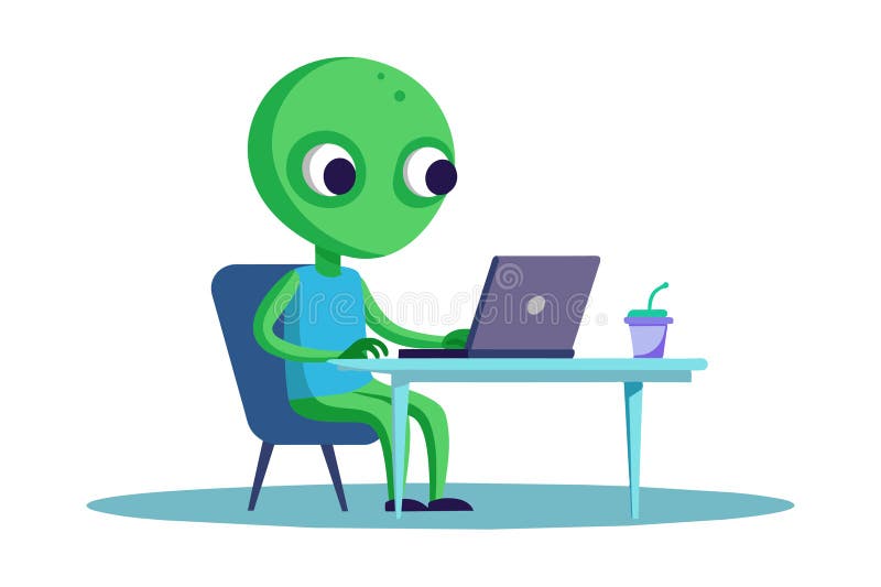 An Alien Sitting with a Laptop on the Table Vector Image Artwork ...