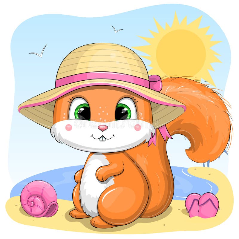 Cute Cartoon Squirrel In A Hat Is Sitting On The Sea Beach Stock