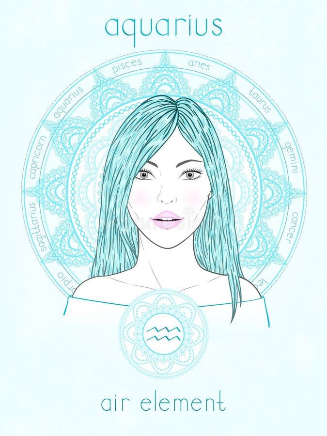Vector Illustration Of Aquarius Zodiac Sign Portrait Beautiful Girl