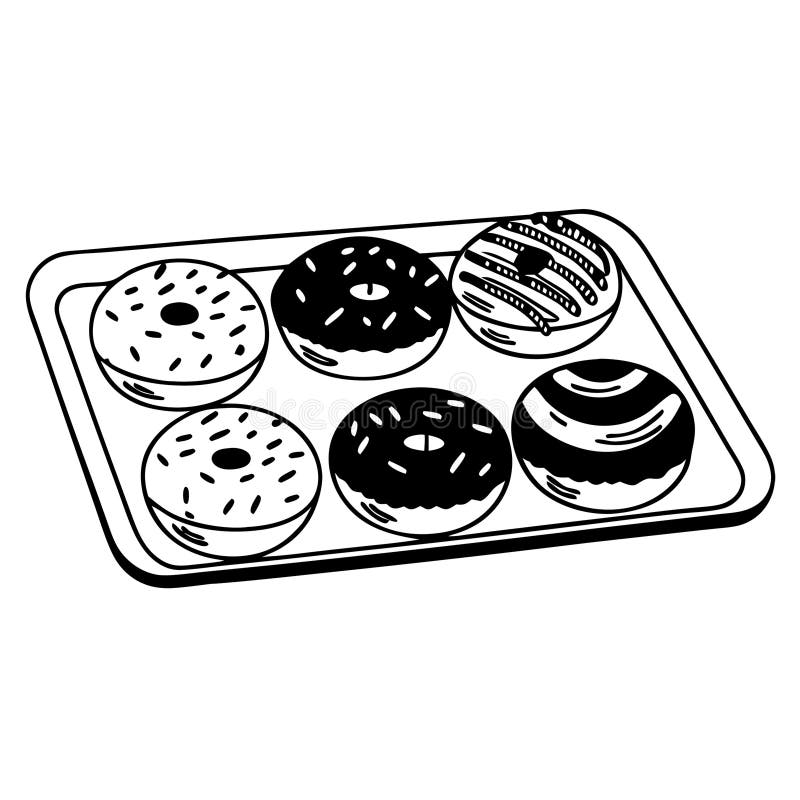 Vector Illustration Assorted Donuts on Baking Tray in Monochrome Style ...
