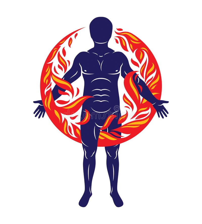 Vector Illustration of Athletic Man, Fire Man Covered with a Fireball ...