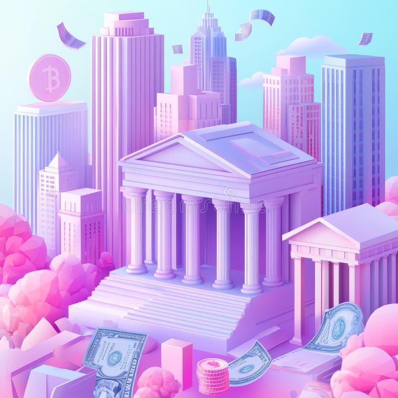 Vector Illustration of Bank Building with Dollar Banknotes on Blue ...