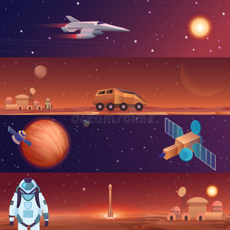 Vector Illustration Banners of Space Flight Spaceships Exploration ...