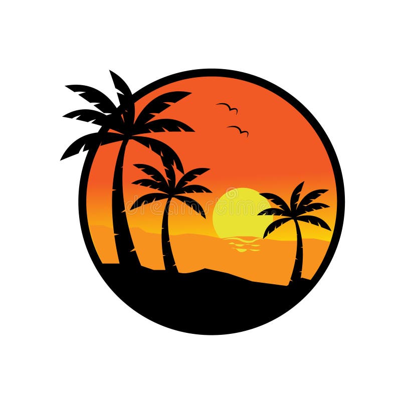 Vector Illustration of Beach, Coconut Tree, and Sunset. Stock Vector ...