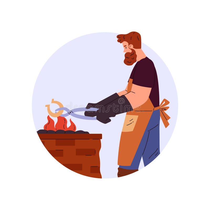 A Bearded Blacksmith Heats a Horseshoe Over a Fire, Side View. Stock ...