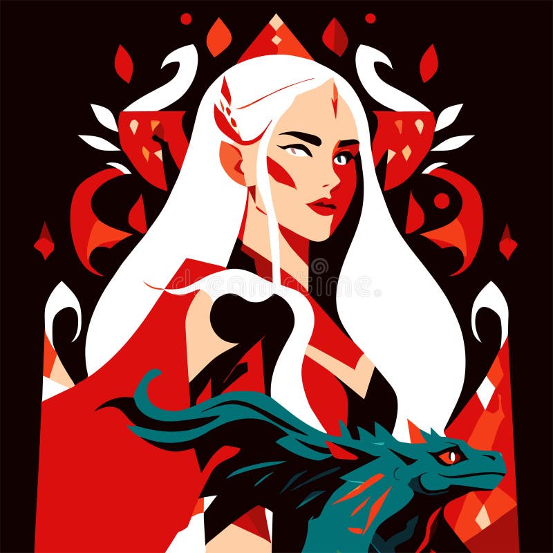 Vector Illustration Of A Beautiful Girl In A Red Dress With A Dragon Ai