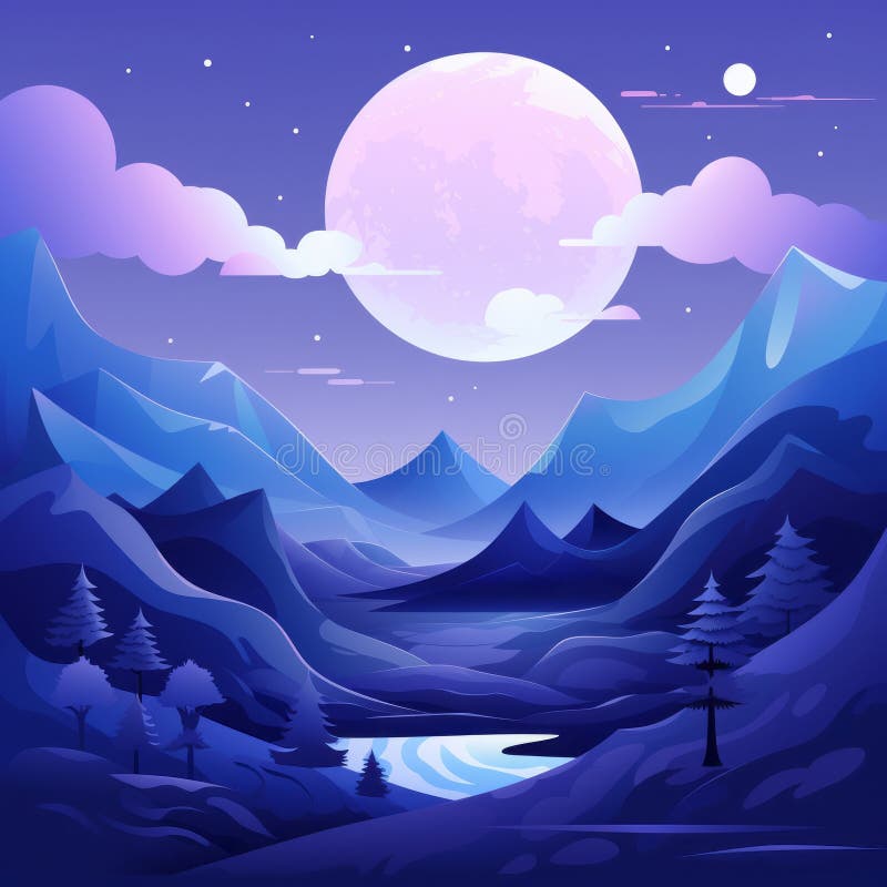 Vector Illustration of a Beautiful Night Landscape with Mountains River ...